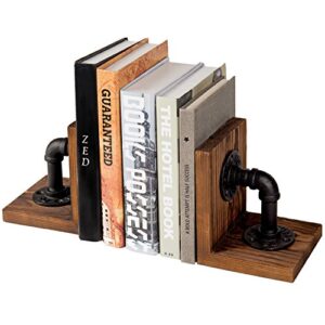 mygift rustic brown wood decorative office bookends with realistic industrial pipe design, shelf decor desk book holder l-shaped stand, 1-pair