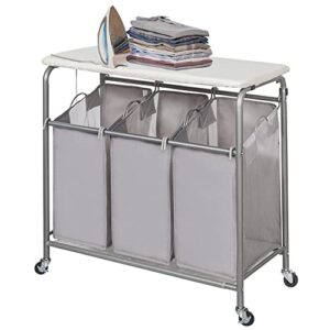 storage maniac 3-section laundry sorter with foldable ironing board, heavy-duty rolling laundry cart with and removable bags, triple laundry hamper with wheels, laundry sorter with top shelf, grey