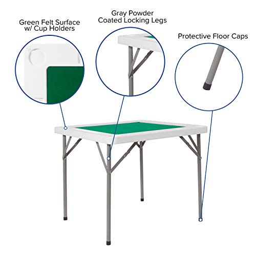 Flash Furniture Silas 34.5" Square 4-Player Folding Card Game Table with Green Playing Surface and Cup Holders, Granite White