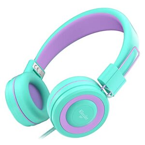 elecder i37 kids headphones children girls boys teens foldable adjustable on ear headphones 3.5mm jack compatible cellphones computer mp3/4 kindle school tablet green/purple