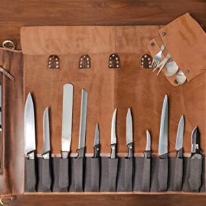 RUSTIC TOWN Leather Knife Roll Storage Bag | Elastic and Expandable 11 Pockets with Tool Pouch | Adjustable/Detachable Shoulder Strap | Travel-Friendly Chef Knife Case Roll (Walnut Brown)