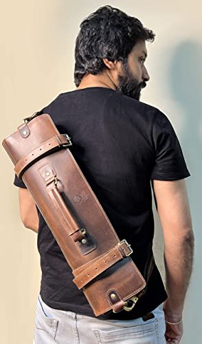 RUSTIC TOWN Leather Knife Roll Storage Bag | Elastic and Expandable 11 Pockets with Tool Pouch | Adjustable/Detachable Shoulder Strap | Travel-Friendly Chef Knife Case Roll (Walnut Brown)