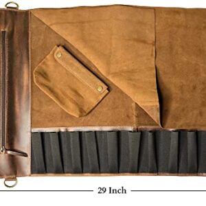 RUSTIC TOWN Leather Knife Roll Storage Bag | Elastic and Expandable 11 Pockets with Tool Pouch | Adjustable/Detachable Shoulder Strap | Travel-Friendly Chef Knife Case Roll (Walnut Brown)