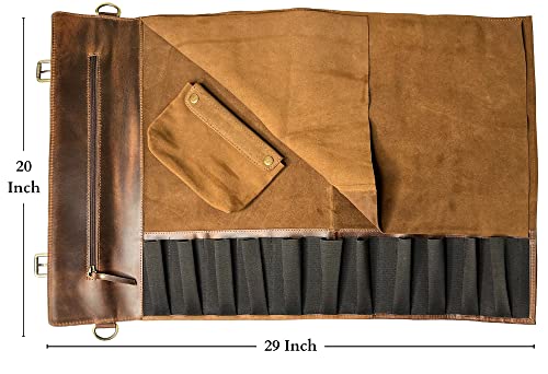 RUSTIC TOWN Leather Knife Roll Storage Bag | Elastic and Expandable 11 Pockets with Tool Pouch | Adjustable/Detachable Shoulder Strap | Travel-Friendly Chef Knife Case Roll (Walnut Brown)