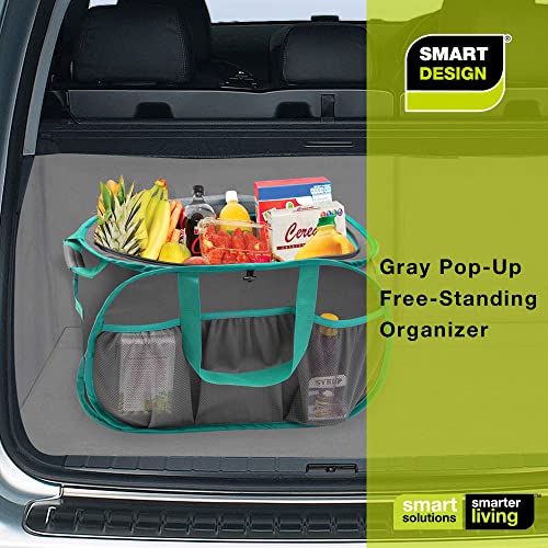 Smart Design Pop Up Trunk Organizer with Easy Carry Handles, Side Pockets, and Zipper Top - 23 Inch - Holds 50 lbs. - Durable Fabric Collapsible Design - Home Organization - Gray