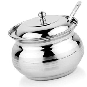 rastogi handicrafts stainless steel small pot storage capacity 200 ml pot for oil ghee, salt, tea, coffee, spices, dry fruits, sugar (1) size- inch- length- 3.5 x width- 3.5 x height- 3