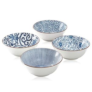 yalong 8 inch 40 ounce ceramic bowls for kitchen deep soup pho bowls, blue white large porcelain salad bowls set for ramen pasta cereal dessert stackable deep noodle serving bowls set of 4 for gift