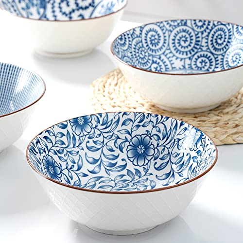 YALONG 8 Inch 40 Ounce Ceramic Bowls for Kitchen Deep Soup Pho Bowls, Blue White Large Porcelain Salad Bowls Set for Ramen Pasta Cereal Dessert Stackable Deep Noodle Serving Bowls Set of 4 for Gift