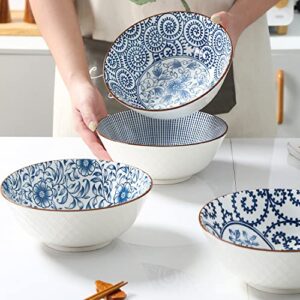 YALONG 8 Inch 40 Ounce Ceramic Bowls for Kitchen Deep Soup Pho Bowls, Blue White Large Porcelain Salad Bowls Set for Ramen Pasta Cereal Dessert Stackable Deep Noodle Serving Bowls Set of 4 for Gift