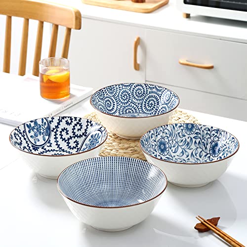 YALONG 8 Inch 40 Ounce Ceramic Bowls for Kitchen Deep Soup Pho Bowls, Blue White Large Porcelain Salad Bowls Set for Ramen Pasta Cereal Dessert Stackable Deep Noodle Serving Bowls Set of 4 for Gift