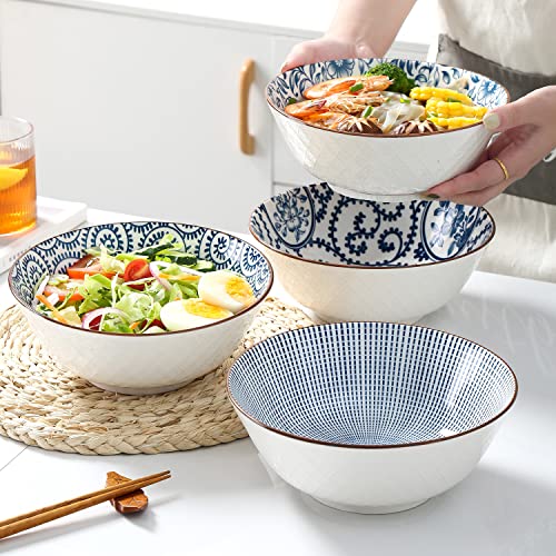 YALONG 8 Inch 40 Ounce Ceramic Bowls for Kitchen Deep Soup Pho Bowls, Blue White Large Porcelain Salad Bowls Set for Ramen Pasta Cereal Dessert Stackable Deep Noodle Serving Bowls Set of 4 for Gift