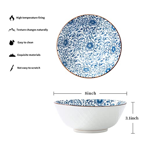 YALONG 8 Inch 40 Ounce Ceramic Bowls for Kitchen Deep Soup Pho Bowls, Blue White Large Porcelain Salad Bowls Set for Ramen Pasta Cereal Dessert Stackable Deep Noodle Serving Bowls Set of 4 for Gift