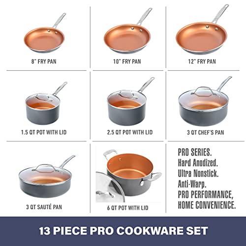 Gotham Steel Pro Pots and Pans Set Nonstick, 13 Pc Hard Anodized Kitchen Cookware Set, Induction Cookware Set, Long Lasting Nonstick, Ceramic Coated, Stay Cool Handles Dishwasher Safe, 100% Toxin Free