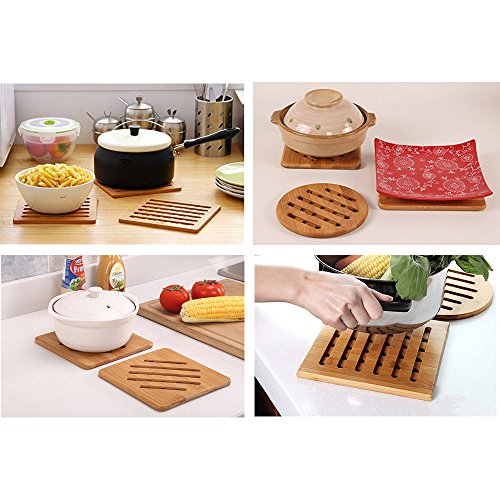 Natural Bamboo Trivet Mat Set, Kitchen Wood Hot Pads Trivet, Heat Resistant Pads for Hot Dishes/Pot/Bowl/Teapot/Hot Pot Holders, Anti-Hot Non-Slip Durable,Square and Round (Pack of 4), by MUWENTY