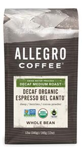 allegro coffee decaf organic espresso bel canto whole bean coffee, 12 oz