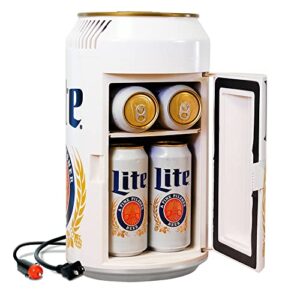 miller lite 8 can portable mini fridge w/ 12v dc and 110v ac cords, 5.4l (5.7 qt) beer can shaped personal cooler, white, travel fridge for beer, snacks, lunch, drinks, home, office, bar, dorm, rv