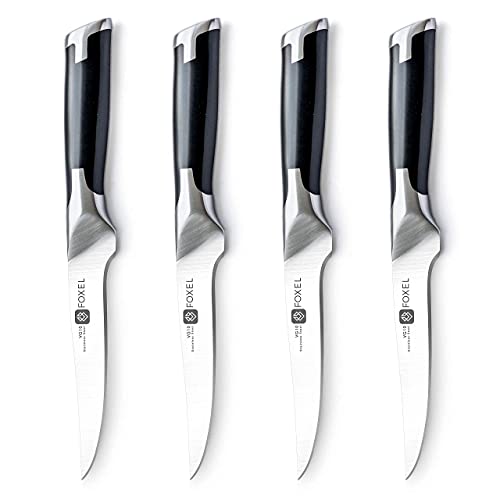 FOXEL Best Steak Knives Knife Set of 4, 8, or 12 - Non Serrated Straight Edge Blade Razor Sharp - Rust Resistant Japanese VG10 Steel - Gift Box Set - Hand Wash Only