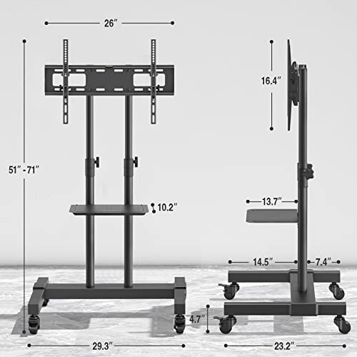 Mobile TV Stand Rolling TV Cart Floor Stand with Mount on Lockable Wheels Height Adjustable Shelf for 32-80 Inch TV Stand Flat Screen or Curved TVs Monitors Display Trolley Loading 110 lbs