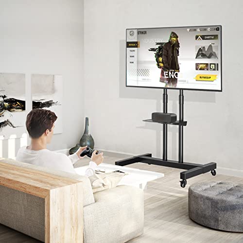 Mobile TV Stand Rolling TV Cart Floor Stand with Mount on Lockable Wheels Height Adjustable Shelf for 32-80 Inch TV Stand Flat Screen or Curved TVs Monitors Display Trolley Loading 110 lbs