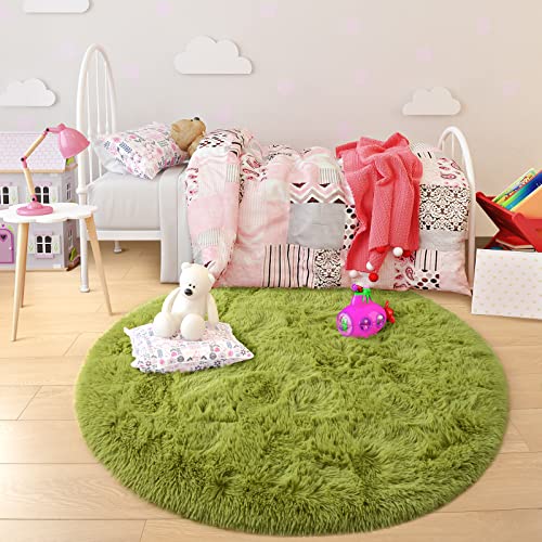 junovo Round Rug 4x4 Feet Fluffy Soft Area Rugs for Kids Girls Room Princess Castle Plush Shaggy Carpet Cute Circle Nursery Rug for Kids Girls Bedroom Baby Room Home Decor Circular Carpet, Green