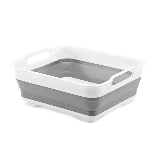 Madesmart Collapsible Dishwashing Basin with Handles, Plastic Pop-Up Dish Wash Basin for Kitchen Counters, Gray/White