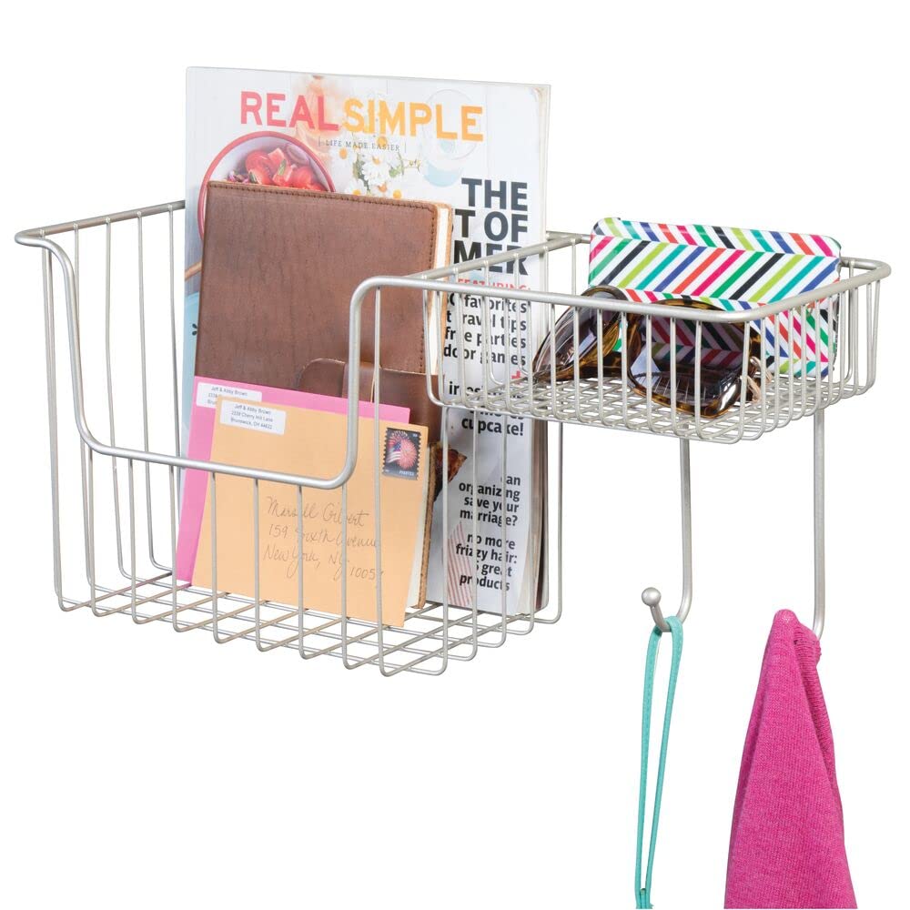 mDesign Metal Wire Wall Mount Entryway Storage Organizer Mail Basket Holder with 2 Hooks, 2 Compartments - for Organizing Letters, Magazines, Keys, Coats, Leashes - Satin