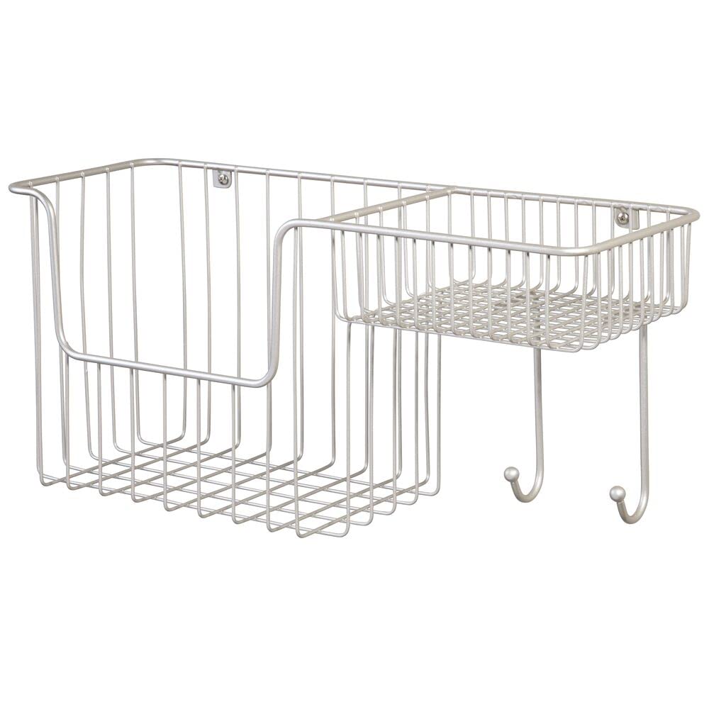 mDesign Metal Wire Wall Mount Entryway Storage Organizer Mail Basket Holder with 2 Hooks, 2 Compartments - for Organizing Letters, Magazines, Keys, Coats, Leashes - Satin