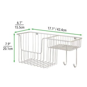 mDesign Metal Wire Wall Mount Entryway Storage Organizer Mail Basket Holder with 2 Hooks, 2 Compartments - for Organizing Letters, Magazines, Keys, Coats, Leashes - Satin