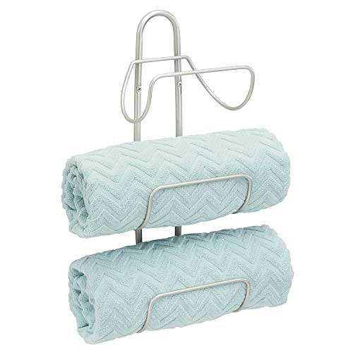 mDesign Modern Decorative Metal 3-Level Wall Mount Towel Rack Holder and Organizer for Storage of Bathroom Towels, Washcloths, Hand Towels - Satin