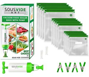 sousvide art reusable vacuum seal bags with vacuum sealer, 37pcs - 30 food cooking & storage bags of 3 sizes w/vacuum pump & sous vide cooker accessories - bpa-free & food safe kit, keeps food fresh