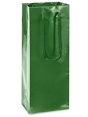 Brilliant Bag Co - 10 pack - High Gloss Wine Bags - 5" x 3 1/2" x 13 1/4" - Gift and Party Bag with handles for Wine, Hard liquor and Champagne Bottles (Green)