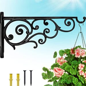 gray bunny outdoor plant hanger hook, 14” large victorian heavy duty iron wall hooks for bird feeders, lanterns, wind chimes, patio decor - black