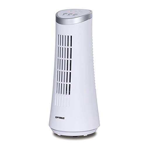 Optimus F-7345WH 12" Desktop Ultra Slim Oscillating Tower Fan, LED - White 12" Desktop Oscillating Tower Fan, White