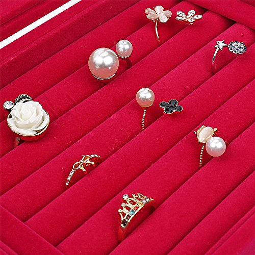 GSLSTGS Velvet Glass Jewelry Display Storage Box Ring Earrings Jewelry Box Ring Holder Case, 2 clasps (Red)