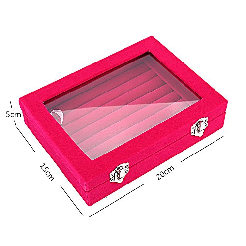 GSLSTGS Velvet Glass Jewelry Display Storage Box Ring Earrings Jewelry Box Ring Holder Case, 2 clasps (Red)