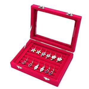 GSLSTGS Velvet Glass Jewelry Display Storage Box Ring Earrings Jewelry Box Ring Holder Case, 2 clasps (Red)