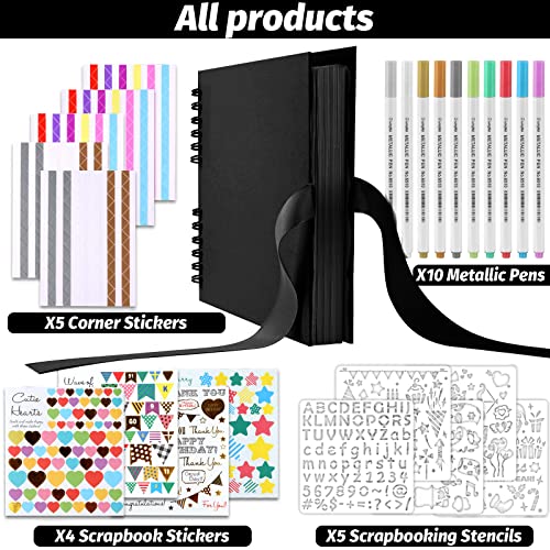 GOTIDEAL 80 Pages Scrapbook Album with 10 Metallic Markers,Craft Paper Photo Album for Wedding and Anniversary, Family DIY Scrapbook Accessories with Scrapbooking Stickers Corners(Black)…