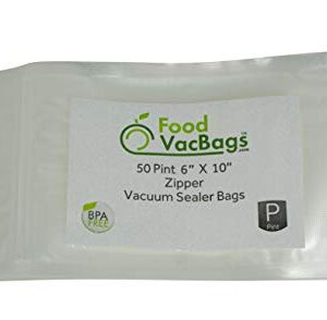 Zipper Vacuum Seal Bags (50 Count), FoodVacBags Compatible with Weston®, Foodsaver®, Heavy-Duty Commercial Storage, Clear (Pint 6" X 10)