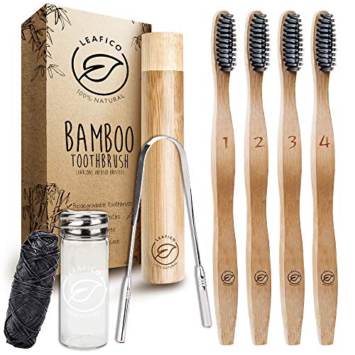 LEAFICO Bamboo Toothbrush with Travel Case - Dental Floss - Tongue Scraper - Premium Eco-Friendly Toothbrushes - Charcoal Infused Soft Bristles for Natural Whitening - BPA Free - Vegan Zero Waste Gift