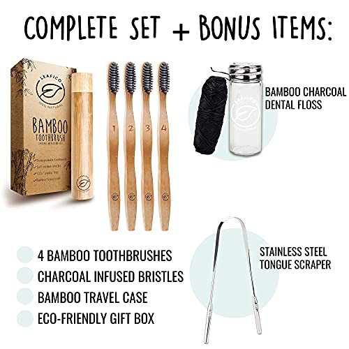 LEAFICO Bamboo Toothbrush with Travel Case - Dental Floss - Tongue Scraper - Premium Eco-Friendly Toothbrushes - Charcoal Infused Soft Bristles for Natural Whitening - BPA Free - Vegan Zero Waste Gift