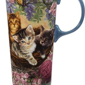 CEDAR HOME Travel Coffee Ceramic Mug Porcelain Latte Tea Cup With Lid 17oz. Flower and Cat