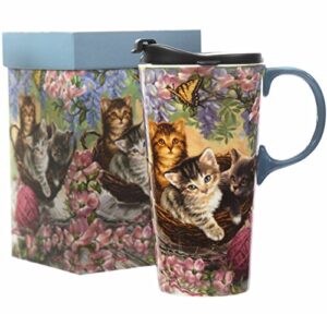 cedar home travel coffee ceramic mug porcelain latte tea cup with lid 17oz. flower and cat