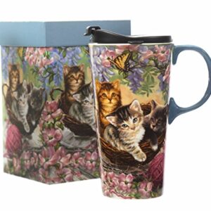 CEDAR HOME Travel Coffee Ceramic Mug Porcelain Latte Tea Cup With Lid 17oz. Flower and Cat