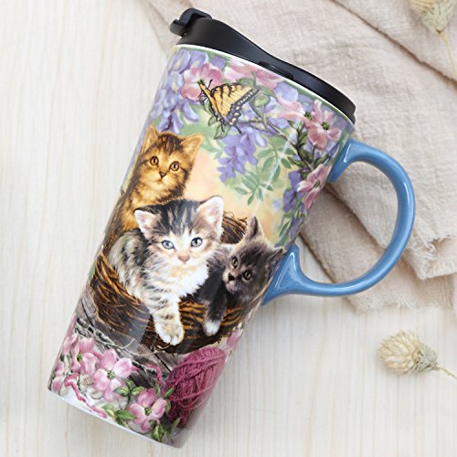 CEDAR HOME Travel Coffee Ceramic Mug Porcelain Latte Tea Cup With Lid 17oz. Flower and Cat