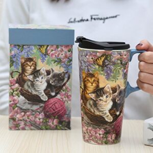 CEDAR HOME Travel Coffee Ceramic Mug Porcelain Latte Tea Cup With Lid 17oz. Flower and Cat