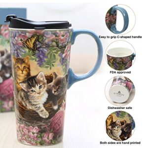 CEDAR HOME Travel Coffee Ceramic Mug Porcelain Latte Tea Cup With Lid 17oz. Flower and Cat