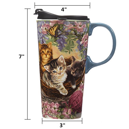 CEDAR HOME Travel Coffee Ceramic Mug Porcelain Latte Tea Cup With Lid 17oz. Flower and Cat