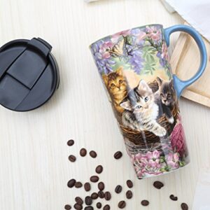 CEDAR HOME Travel Coffee Ceramic Mug Porcelain Latte Tea Cup With Lid 17oz. Flower and Cat