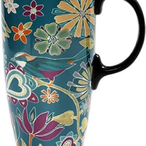 Topadorn Coffee Ceramic Mug Porcelain Latte Tea Cup With Lid 17oz. Floral Symphony, Green Bird