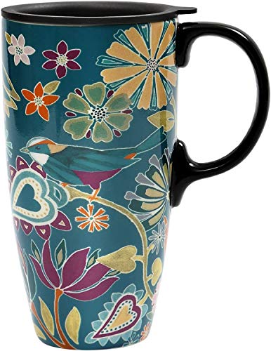 Topadorn Coffee Ceramic Mug Porcelain Latte Tea Cup With Lid 17oz. Floral Symphony, Green Bird